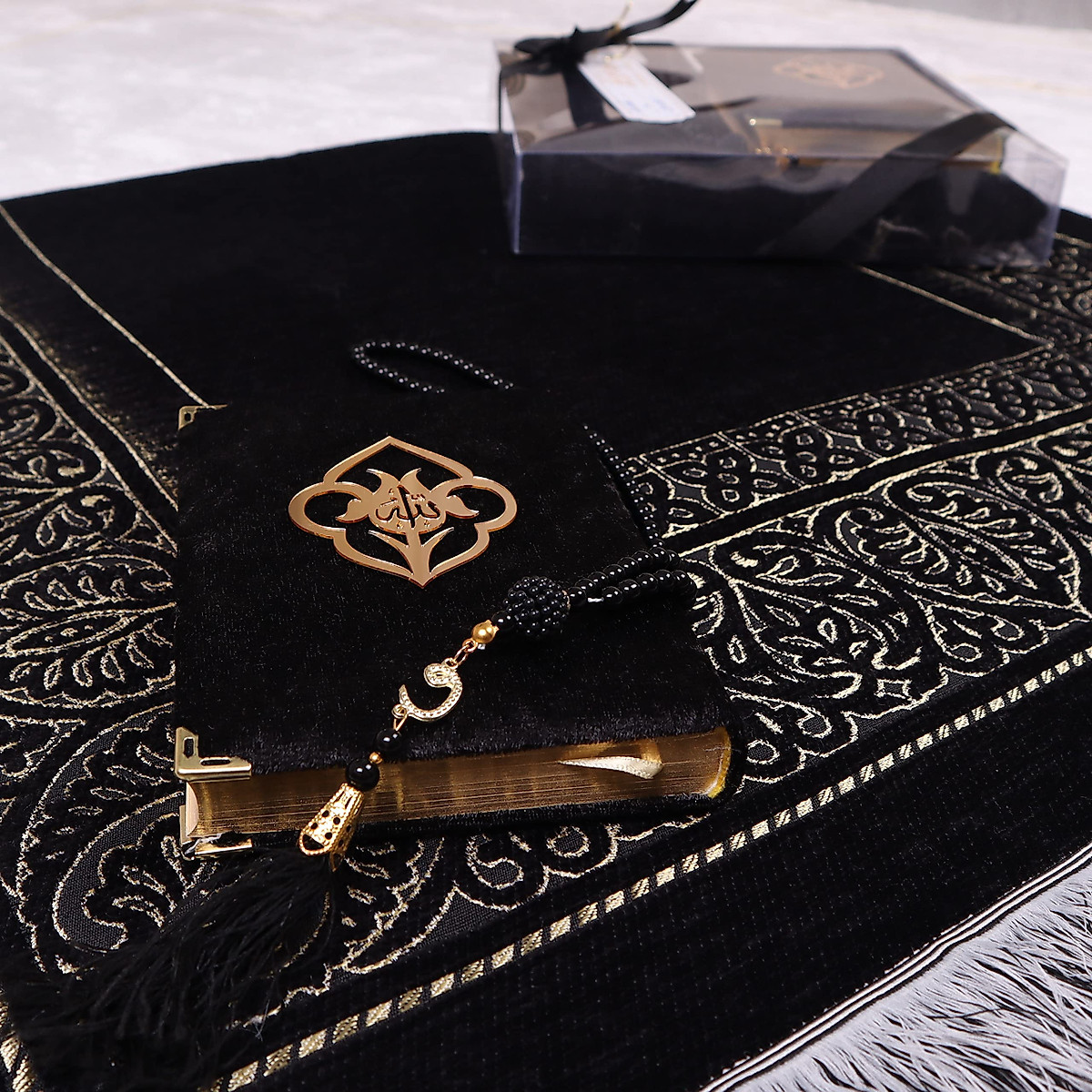 IEF Muslim Prayer Rug Islamic Prayer Mat Quran Prayer Beads Gift Set, Ramadan Eid Gifts, Birthday Gifts for Men, Velvet Prayer Rug Arabic Quran Pearl Tasbeeh