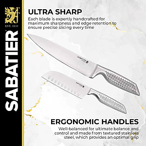 Sabatier Ergonomic Textured, High-Carbon Kitchen Knives, Razor-Sharp Knife Set with Rubberwood Block, Stainless Steel Handle, 15-Piece, Black