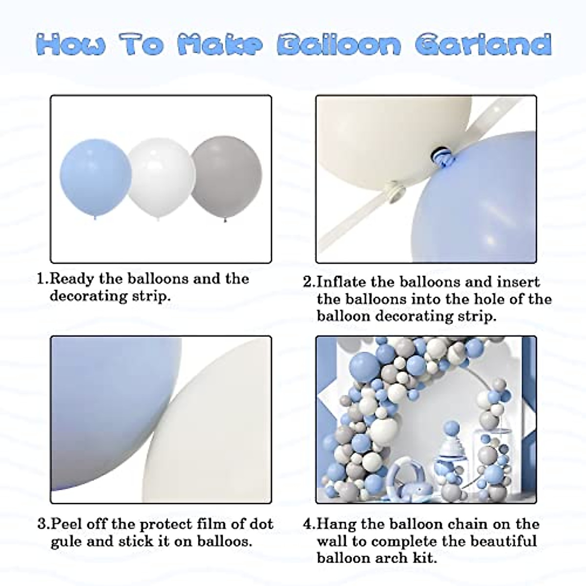 ZFUNBO Blue Gray and White Balloon Garland Arch Kit, Double Stuffed Latex Balloon Garland for Gender Reveal Baby Shower Wedding Graduation Anniversary Birthday Party Background Decorations