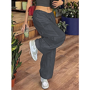 LQI Parachute Pants for Women Y2K Baggy Cargo Pants Drawstring Trousers Low Rise Loose Jogger Sweatpants Grey