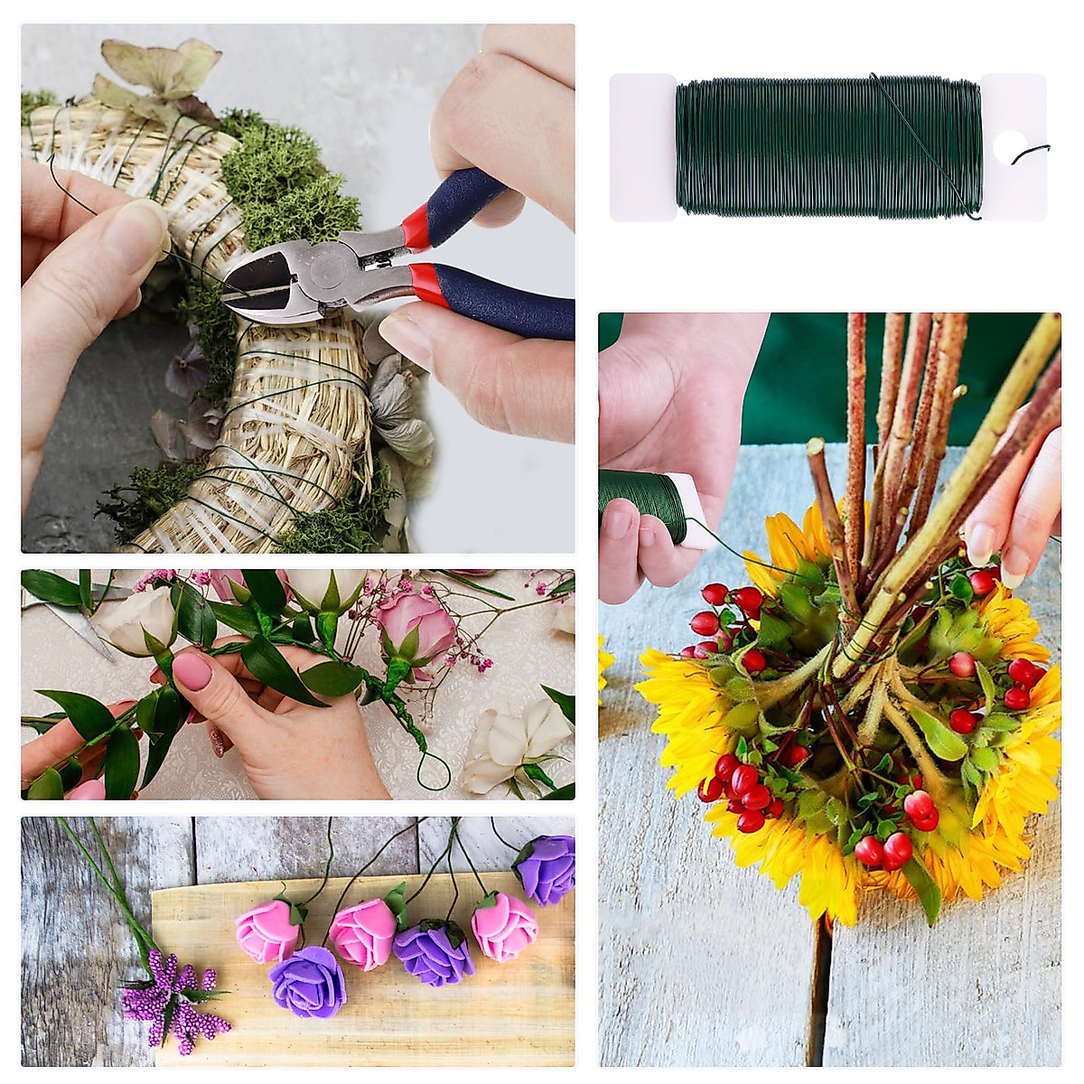 GLAMFIELDS Floral Arrangement Kit with Cutter, 5 Rolls 1/2" Wide Floral Tapes, 100 pcs 26 Gauge Floral Stem Wire, 1 Roll 22 Gauge Floral Wire for Bouquet Stem Wrapping and Floral Crafts