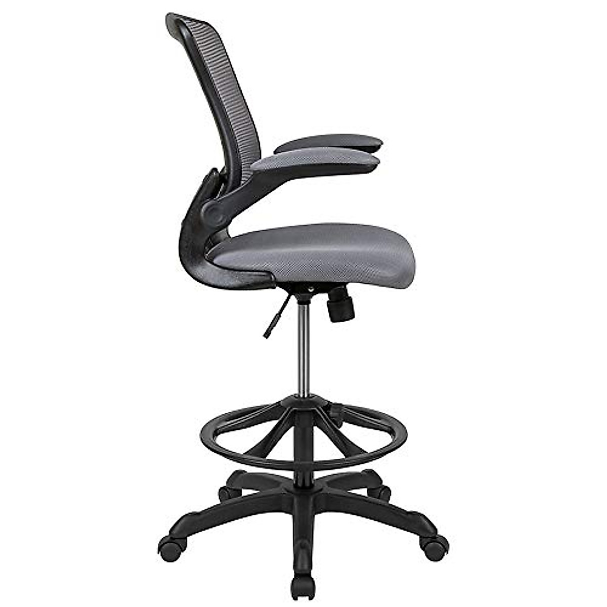 Flash Furniture Kale Mid-Back Dark Gray Mesh Ergonomic Drafting Chair with Adjustable Foot Ring and Flip-Up Arms