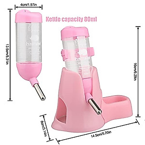 Hamster Water Bottle, [3 in 1-2.7oz] Diyife Guinea Pig Water Bottle No Drip, 80ml Small Animal Auto Dispenser with Food Container Base for Hamster Bunny Chinchilla Squirrel, Small Pets (Pink)