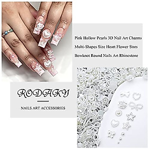 RODAKY 500Pcs Creamy-White Pearls Heart Nail Charms Cute Assorted Flatback 3D Pearls Stars Flowers Bowknots Nail Art Charms Material Embellishments for Nail Art DIY Crafts Accessories