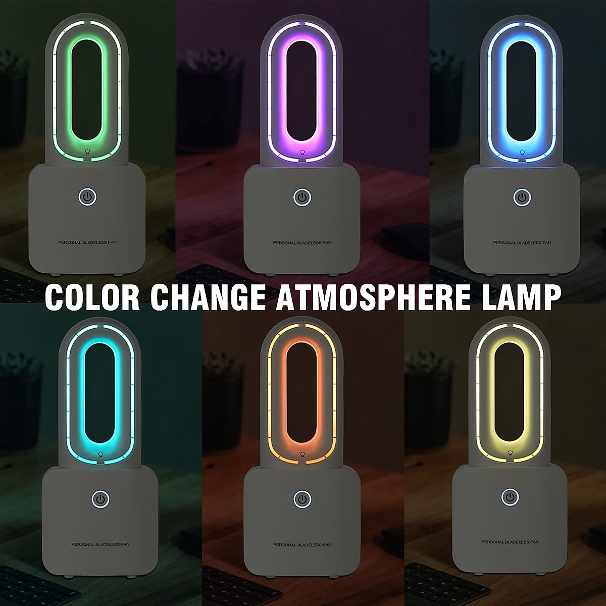 Bladeless Desk Fan Rechargeable, Small Bladeless Personal Fan Quiet Mini Table Fan, 12''Small Fan for Bedroom and Office, USB or 4000mAh Battery Operated, with Touch Control 6-Colors LED Light