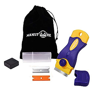 MANUFORE Portable Multi-Purpose Razor Blade Scraper for Cleaning Glass, Stove-top, Window, Floor(1 Scraper, 6 Plastic Blades, 6 Carbon Steel Blades)
