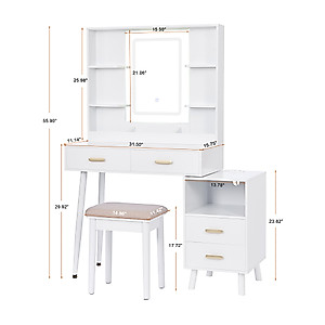 BEWISHOME Vanity Desk, White Vanity with Charging Station & Nightstand, Makeup Desk Makeup Vanity with Lights with 3 Colors Modes, Makeup Table Vanity Table with Stool Dressing Table Vanity Set FST18W