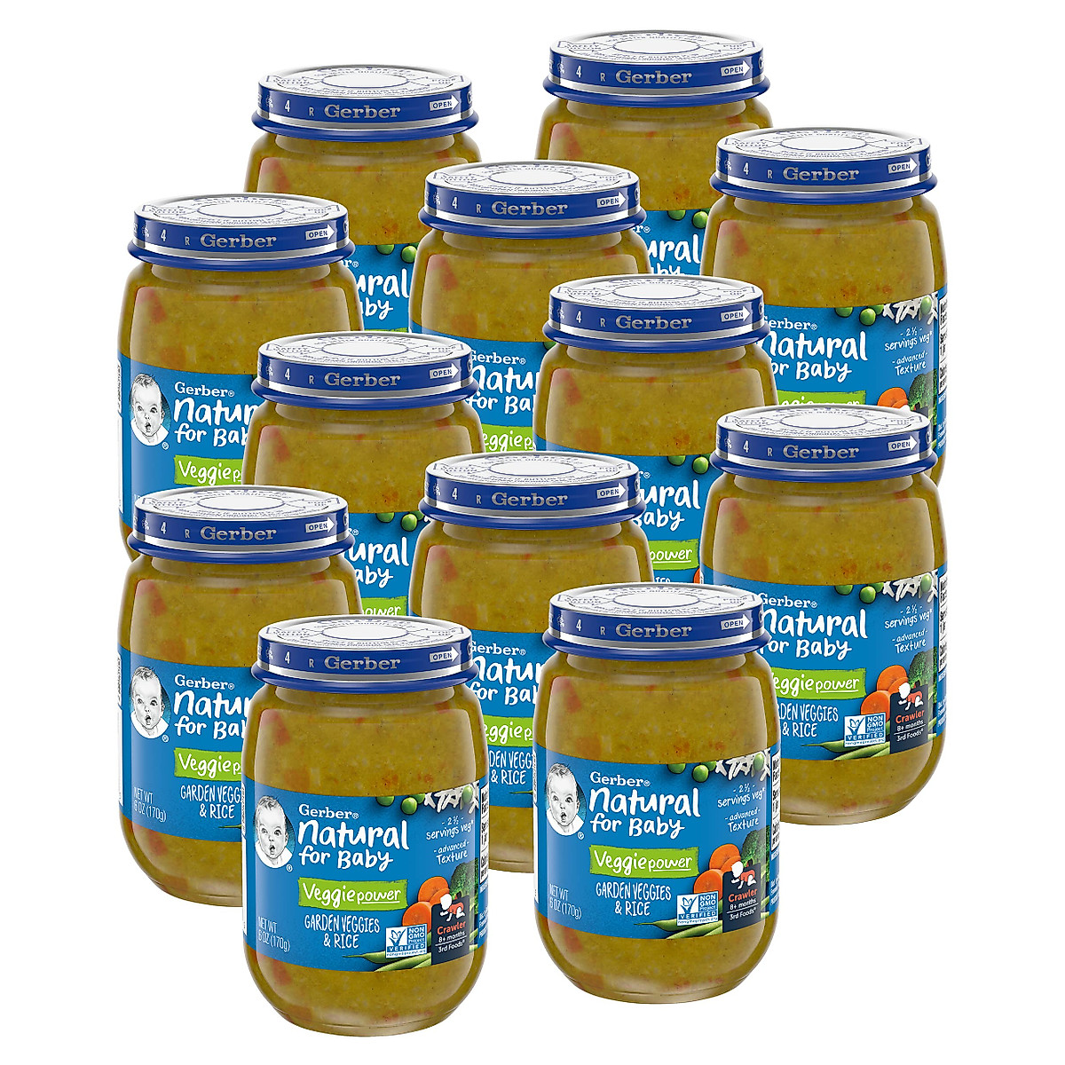 Gerber Natural for Baby 3rd Foods Veggie Power Baby Food Jar, Garden Veggies & Rice, Non GMO Pureed Baby Food with Advanced Texture for Crawlers, 6 oz (Pack of 12)