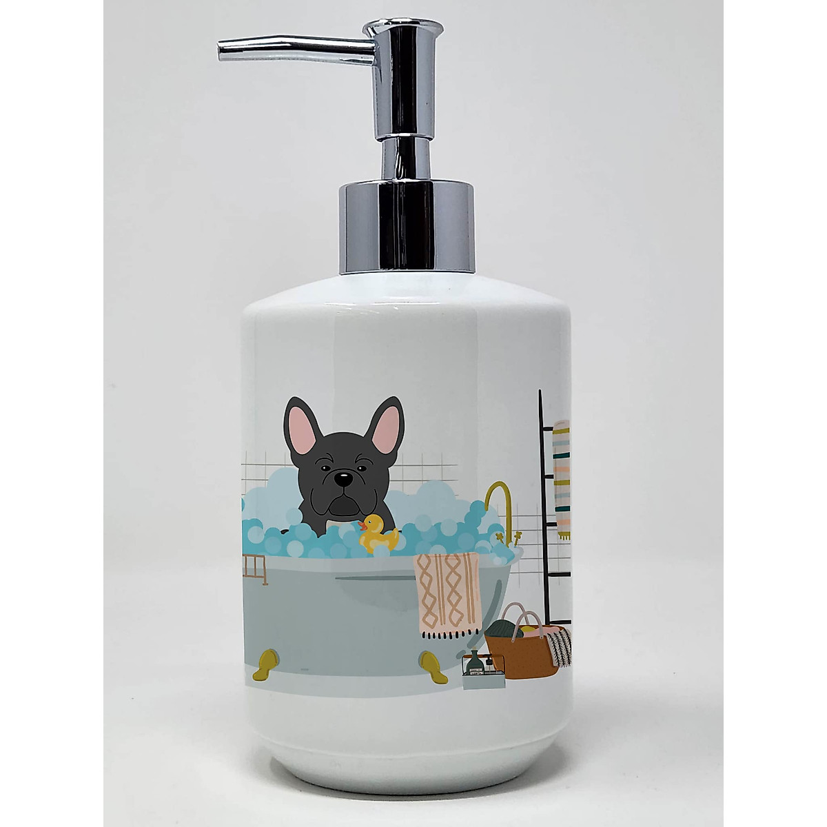 Caroline's Treasures WDK5711SOAP Black French Bulldog in Bathtub Ceramic Soap Dispenser Hand Soap Dispenser Pump Bottles for Bathroom Kitchen, Empty Refillable Liquid Soap Container
