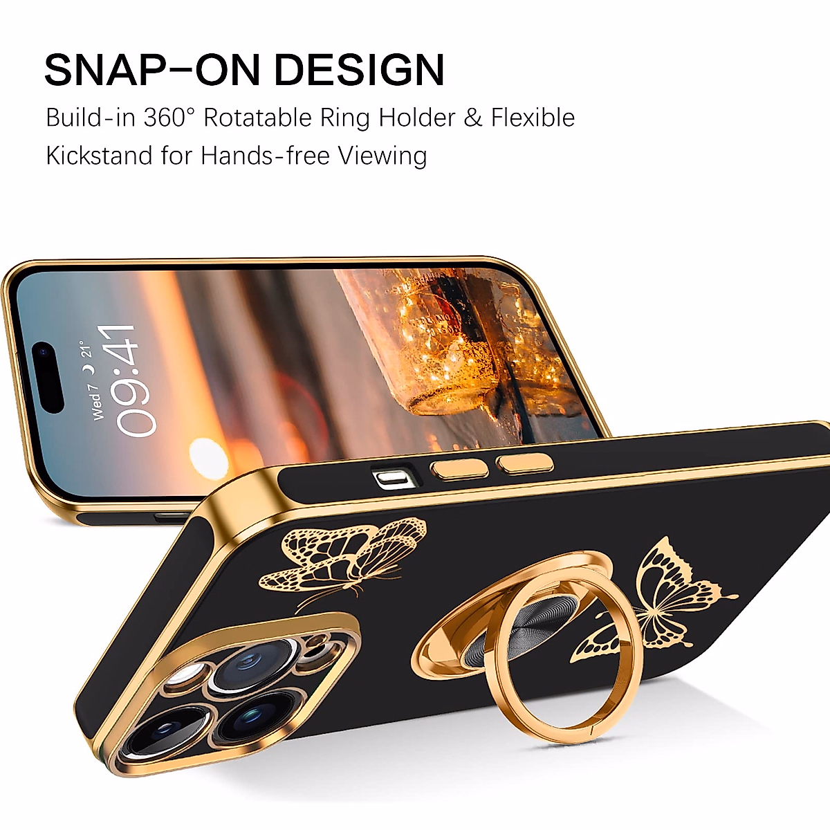 BENTOBEN for iPhone 14 Pro Max Case with Ring Holder, Butterfly Design Women Girl Phone Case Slim Fit Luxury Shockproof Non-Slip Support Car Mount Protective Case for iPhone 14 Pro Max 6.7",Black