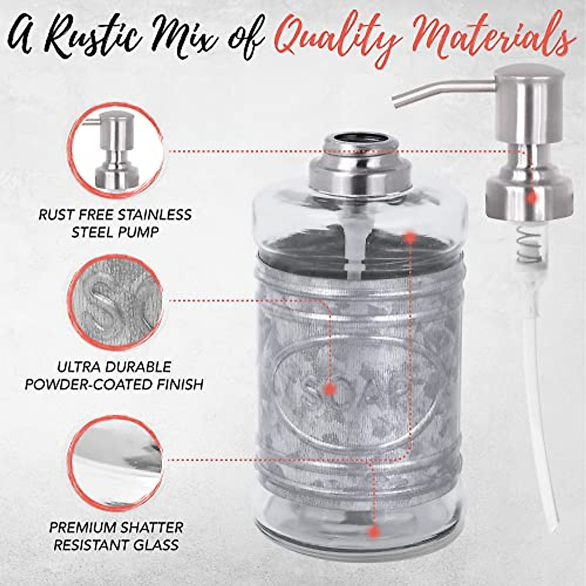 Autumn Alley Rustic Farmhouse Glass and Galvanized Bathroom Accessories Set (4 PCS) - Lotion Soap Dispenser, Toothbrush Holder, 2 Apothecary Jars (Qtip Holder) - Rustic Farmhouse Bathroom Decor