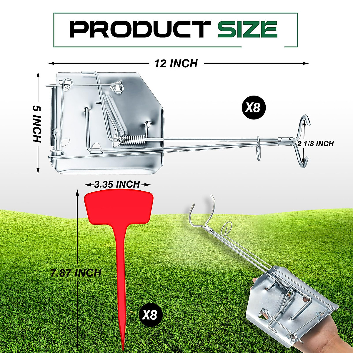 Qualirey 8 Pcs Gopher Traps Mole Mouse Gophers Trap Galvanized Oil Hardened Steel Reusable Animal Trap with 8 Markers for Outdoor Lawn, 12 x 5 Inches