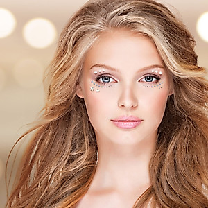 OIIKI 4 Sheets Star Face Eye Stickers, Star Jewelry Eye Body Sticker, Acrylic Crystal Face Gems, Festival Halloween Pearls Hearts Face Makeup Stickers, 4 Styles Rhinestone Tattoos for Women, Girls