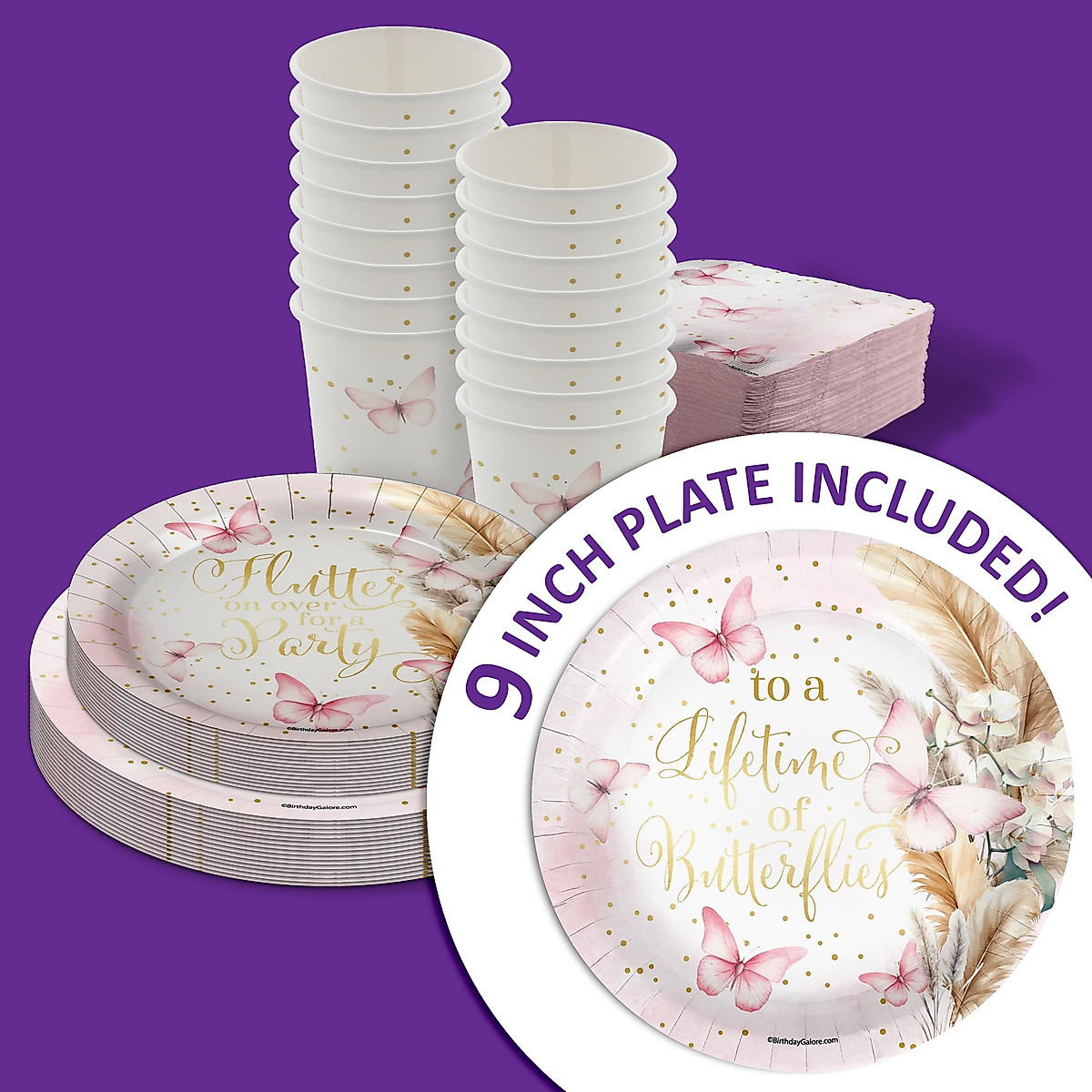 Butterfly Bridal Shower Party Supplies 64 Piece Tableware Set Includes Large 9" Paper Plates Dessert Plates, Cups and Napkins Kit for 16