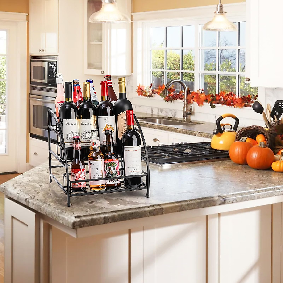 SOUJOY Coffee Syrup Rack Organizer, 9-12 Bottles Wine Holder Stand, 3-Tier Metal Wire Countertop Storage Rack, Freestanding Shelves for Coffee Bar Station, Kitchen, Syrup Wine Dressing Cocktail