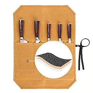 Knife Roll Bags, 16oz Waxed Canvas Knife Holder (5 Slots & Specialized Anti Cutting Fabric), Multi-Purpose Knife Pouch with Tie Rope, Khaki