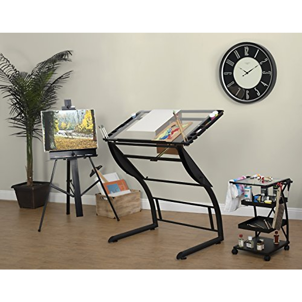 SD STUDIO DESIGNS Triflex Drawing Table, Sit to Stand Up Adjustable Office Home Computer Desk, 35.25" W X 23.5" D, Charcoal Black/Clear Glass