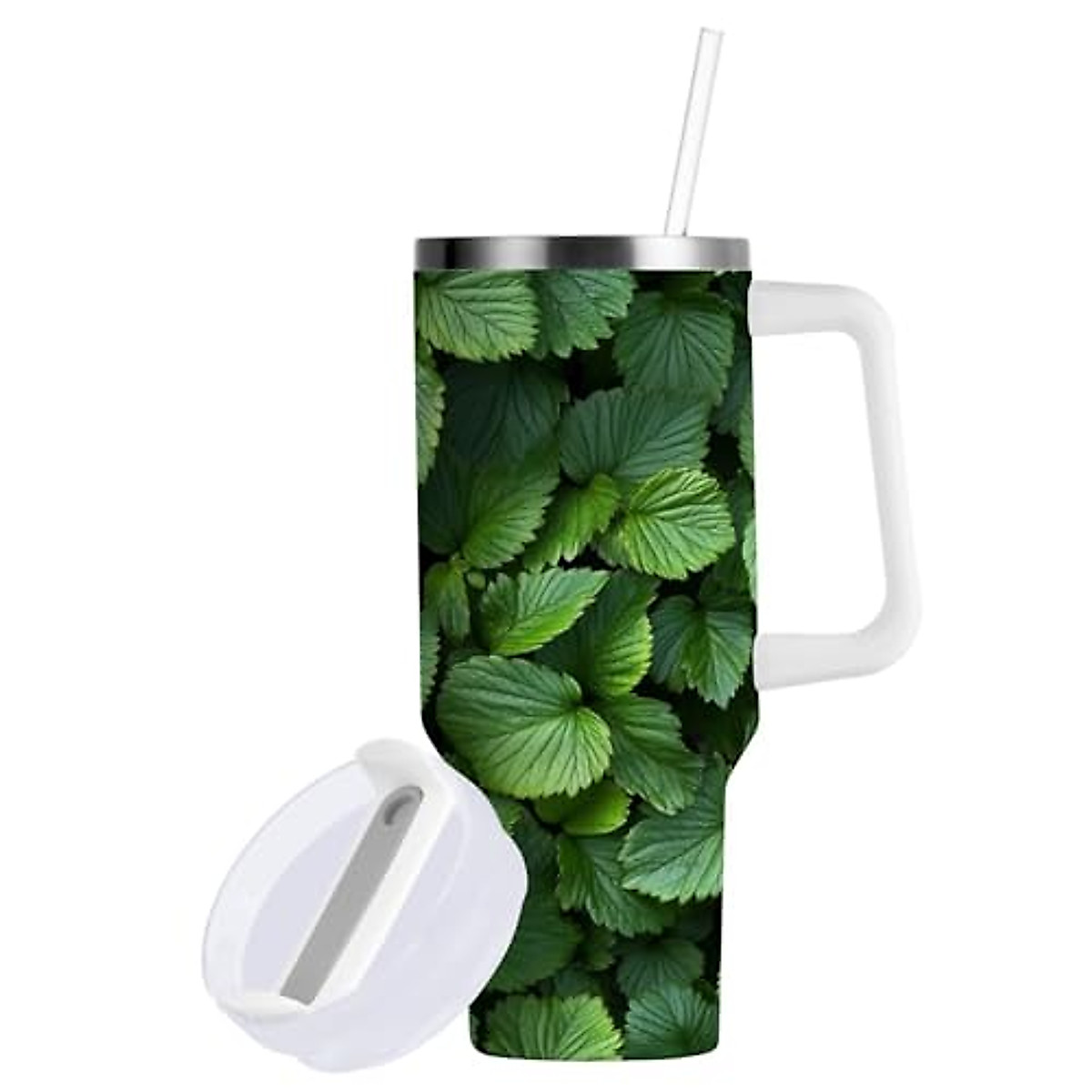 Jihqo Strawberry Leaves 40 oz Stainless Steel Vacuum Insulated Tumbler with Handle and Straw Lid, Leakproof Water Bottle Double Wall Travel Mug Coffee Cup, Cupholder Friendly
