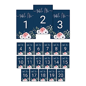 Andaz Press Winter Navy Blue with Eucalyptus Blossoms Wedding Table Numbers 1-20, 4x6-Inches Table Number Cards For Wedding Reception Table Number For Seating Chart For Wedding Reception, Boda