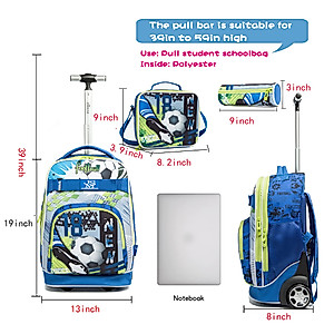 MOHCO 19 inch Rolling Backpack Set Wheeled School Book bag with Insulated Lunch Bag and Pencil Case (Football)