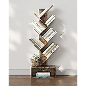 Aobafuir 6-Tier Tree Book Shelf, Open Side Standing Bookcase Shelf, Wooden Bookshelves Storage Rack for CD/Book, Utility Organizer Shelves for Living Room,Bedroom, Rustic Brown