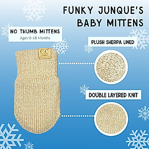 Funky Junque Infant Double Pom Beanie and Mittens Set - Diagonal Basketweave - Beige