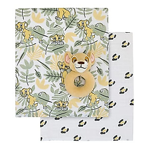 Disney Lion King Simba Yellow, Green, and White 2Pk 100% Cotton 44" x 44" Muslin Swaddles with Plush Rattle