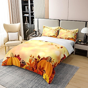 jejeloiu Fall Festival Bedding Set Full Pumpkin Maple Leaf Duvet Cover 100% Cotton Bedroom Decor Happy Fall Y'all Comforter Cover Set Women Men Bedspread Cover with 2 Pillow Case