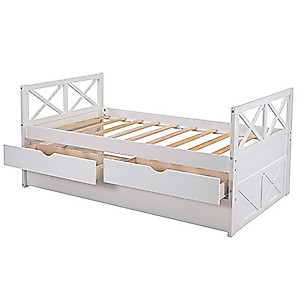 OYN Wooden Twin Multi-Functional Daybed Frame Set with X Headboard,Storage Drawers and Trundle for Children Teen Boys and Girls, White