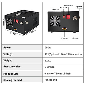 PenkiDeed PCP Portable Air Compressor Powered by 110V /220V AC or 12V DC,Oil/Water-Free and Fan Cooling 4500Psi/40Mpa Pressure Air Compressor,PCP Compressor Pump for Air Gun and Paintball/Scuba Tank
