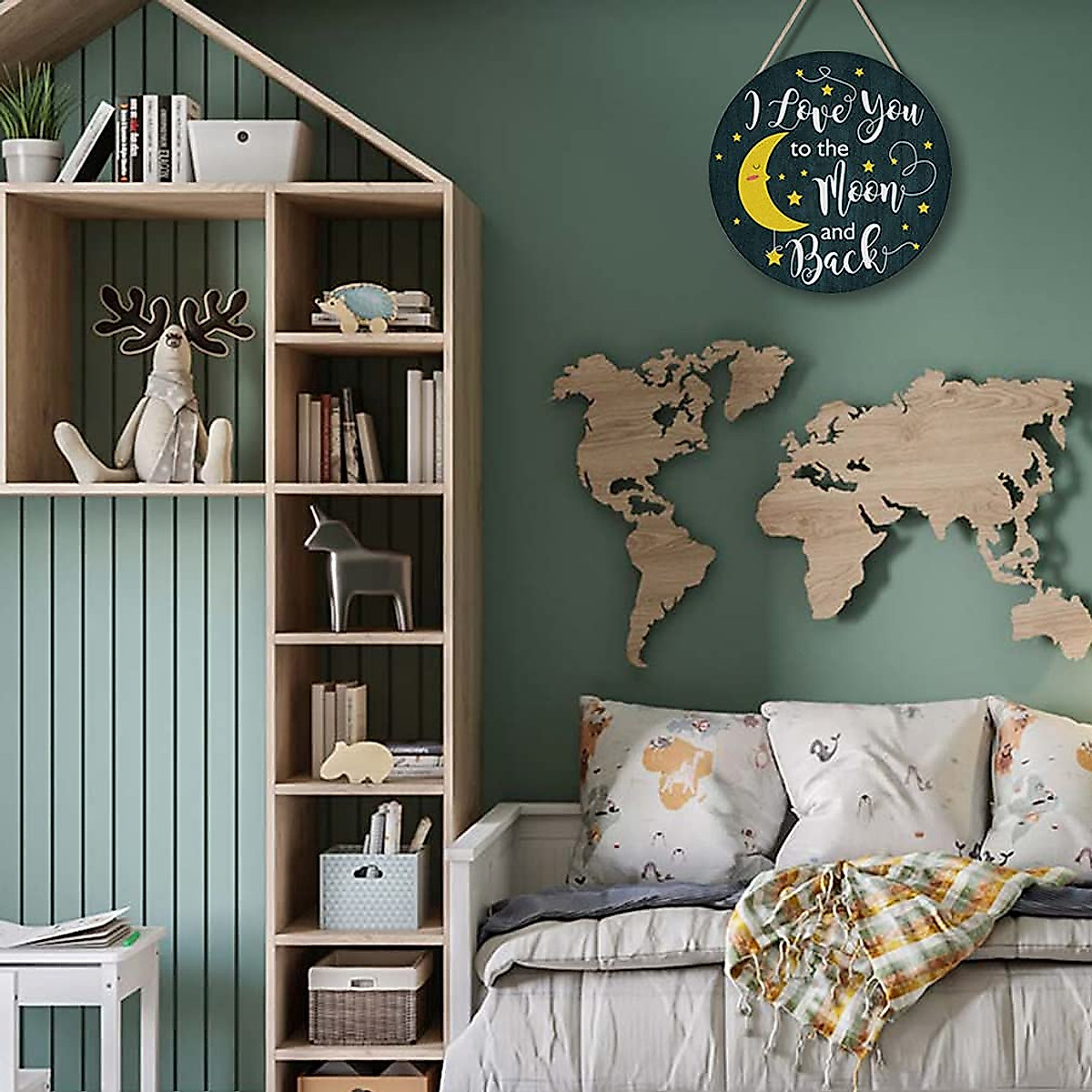 CHDITB Love You To The Moon And Back Wood Sign Wall Decor, Moon Star Wooden Door Hanging Art, Family Love Words Wood Art Plaque for Children Wife Bedroom Nursery (12''x12'')