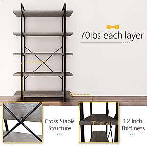 45MinST 5-Tier Vintage Industrial Style Bookcase/Metal and Wood Bookshelf Furniture for Collection, Gray Oak, 3/4/5 Tier (5-Tier)