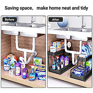 Puricon 4 Pack Pantry Organization and Storage Bins for Kitchen Fridge Countertop Cabinet Bundle with 2 Pack Under Sink Organizer, 2-Tier L-Shape Sliding Under Sink Organizers and Storage