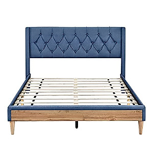 Lifeand Full Size Upholstered Platform Bed with Rubber Wood Legs,No Box Spring Needed, Linen Fabric,Blue