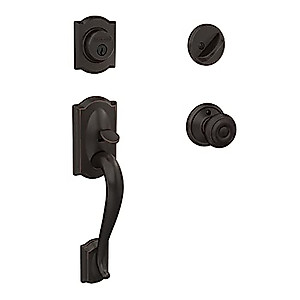 Schlage F60 V CAM 716 GEO Camelot Front Entry Handleset with Georgian Knob, Deadbolt Keyed 1 Side, Aged Bronze