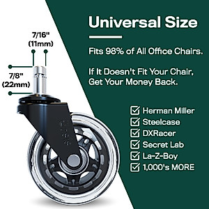Office Chair Wheels Replacement Safe for Wood Floors and Carpet, Heavy Duty Rubber Desk Chair Casters for Gaming Chairs and Rolling Computer Chairs, Rollerblade Style, Set of 5, Universal Fit