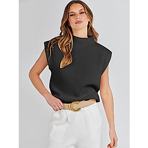 ANRABESS Women's Mock Neck Sleeveless Sweater Vest Casual Cap Sleeve Knit Pullover Tank Tops 2025 Spring Summer Clothes Black-M