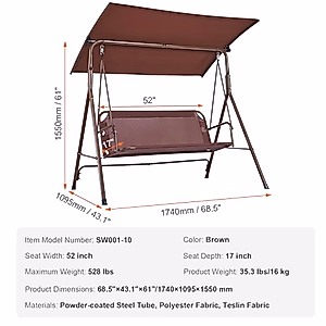 VEVOR 3-Seat Patio Swing Chair, Outdoor Patio Swing with Adjustable Canopy