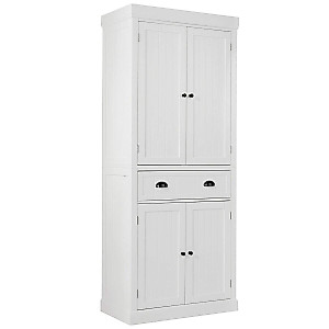Huippy 72 inch Double Door Cupboard Freestanding Kitchen Pantry Cabinet with Four Adjustable Shelves and One Large Drawer for Kitchen Living Room Bedroom Hallway Home Office Storage (White)