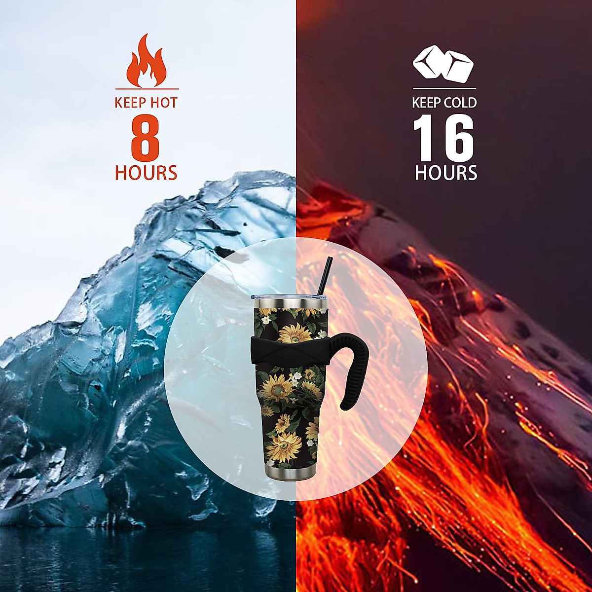 Exacmos 40 oz Tumbler with Handle and Straw 40 oz Sunflower Cup Insulated Stainless Steel Coffee Travel Mug Spill Proof Leak Proof Slim 40oz Tumbler with Handle Sunflower Decor Stuff Gifts for Women