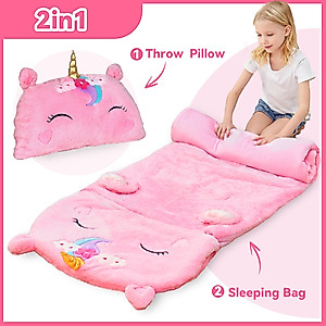 iPlay, iLearn Kids Unicorn Sleeping Bag, Toddler Girl Nap Mat, Plush Animal Slumber Bag 2 In 1 Pink Pillow Daycare Preschool Kindergarten Birthday Gift Travel Sleepover 3 4 5 6 7 8 10 12 Yr Child Teen