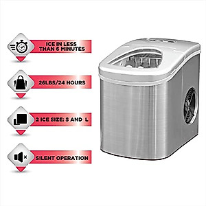 26 lb. Countertop Ice Maker, LED Control Panel Lets You Adjust Settings and Options, Integrated Bin Stores up to 1.5lb, Suitable for Restaurants, Kitchens, Etc, Stainless Steel