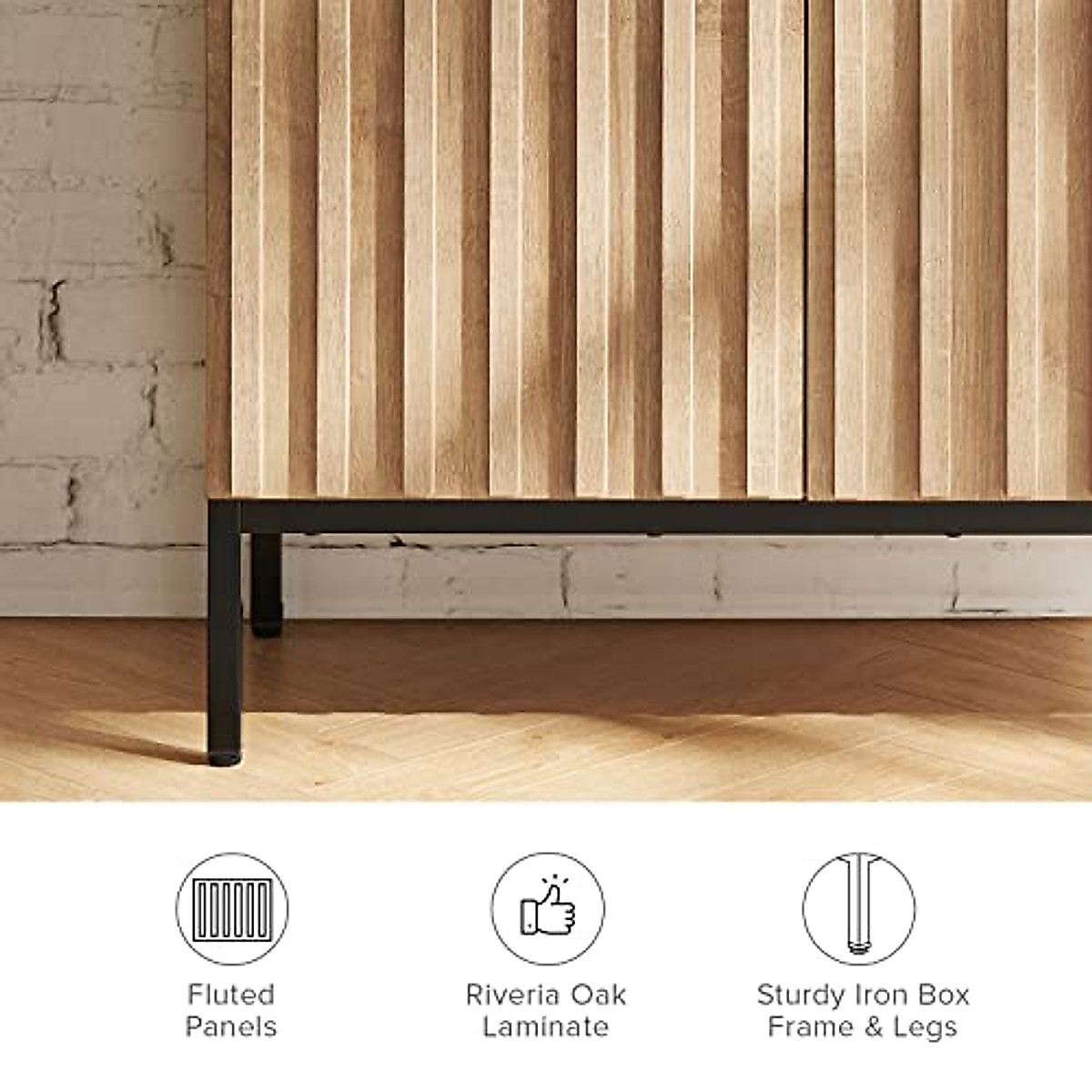 mopio Norwin Storage Cabinet, Modern Industrial Farmhouse Entryway Accent Buffet Cabinet, Sideboard, with Metal Legs, Storage Shelves, Fluted Panel Doors, & Leveler, for Living Room, Bedroom, Oak