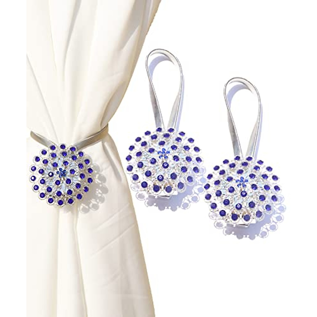 Curtain TieBacks Magnetic 2 Pack Curtain Holders for Drapes 36 Crystal Elastic Rope Curtain Tie Backs for Curtain for Outdoor Indoor, Window Curtain Tiebacks Holdbacks Royal Blue