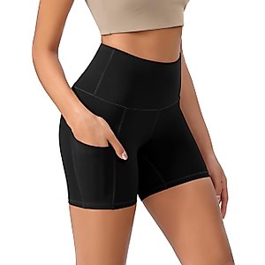 ODODOS 5" Tummy Control Yoga Shorts for Women with Pockets High Waist Athletic Workout Biker Shorts, Black, Small