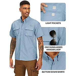mosingle Men's Fishing Shirts with Zipper Pockets UPF50 Sun Protection Safari Cool Short Sleeve Button Down Shirts Hiking(5018,Blue-L)