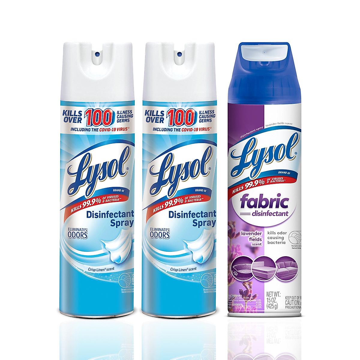 Lysol Disinfectant Spray + Fabric Disinfectant, Sanitizing and Antibacterial Spray, For Disinfecting and Deodorizing, Crisp Linen + Lavender Fields, 2 count (19 oz each) + 1 count (15 oz)