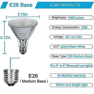 Vinaco Par30 Long Neck Halogen 75w, 6PCS PAR30s 75W 120V Flood Light Bulbs, Dimmable, High Efficiency& Long Lasting Life, E26 Base, 3000K Warm White, Great for Accent Lighting, Tracking Light