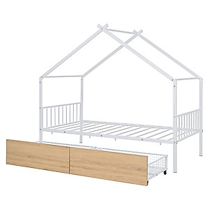Metal House Bed for Kids, Twin Size Bed Frame with Storage Drawers and Slats, Kids Bed Frame with Headboard and Footboard, Twin Size House Bed for Kids, Girls, Boys(Twin White)