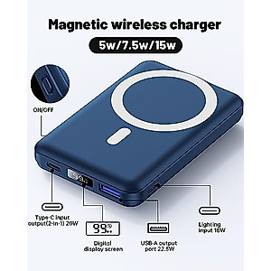Yiisonger Magnetic Wireless Portable Charger, Foldable 10000mAh Battery Pack with USB-C Cable LED Display, Magnetic Power Bank 22.5W PD Fast Charging for iPhone 15/14/13/Pro/Mini/Pro Max (Blue)